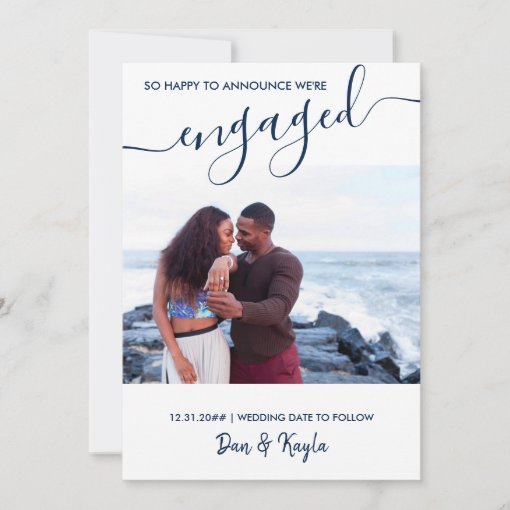 Engaged Photo and Elegant Script Blue Engagement Announcement | Zazzle