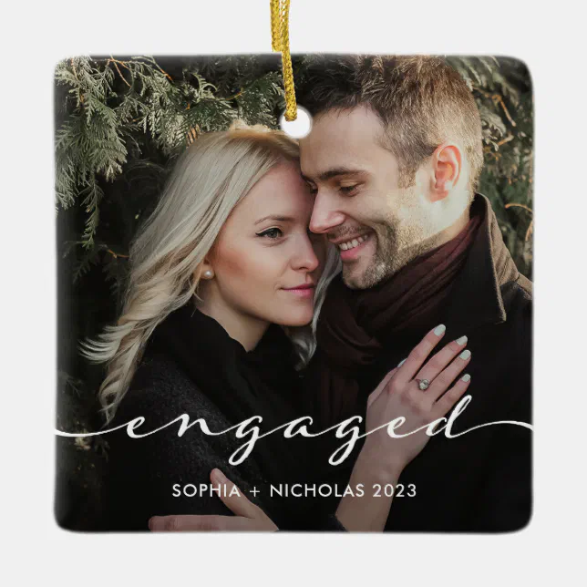 Engaged | Simple Script and Two Photos Ceramic Ornament | Zazzle