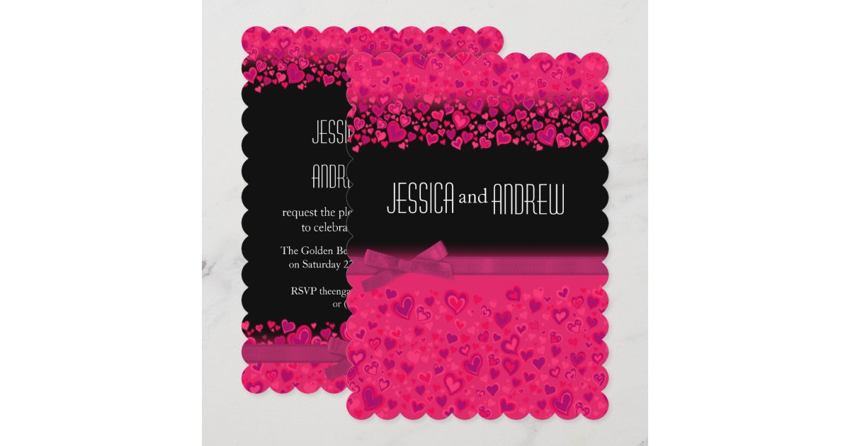 Engagement party black and pink hearts invitation | Zazzle