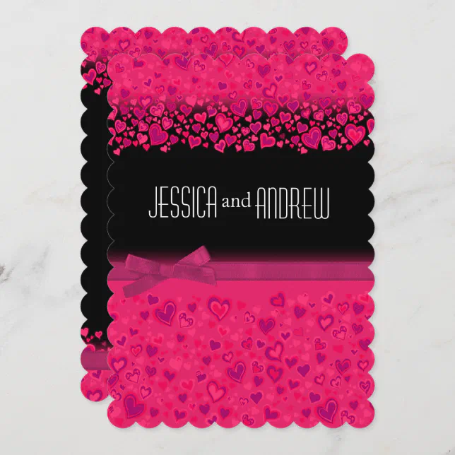 Engagement party black and pink hearts invitation | Zazzle