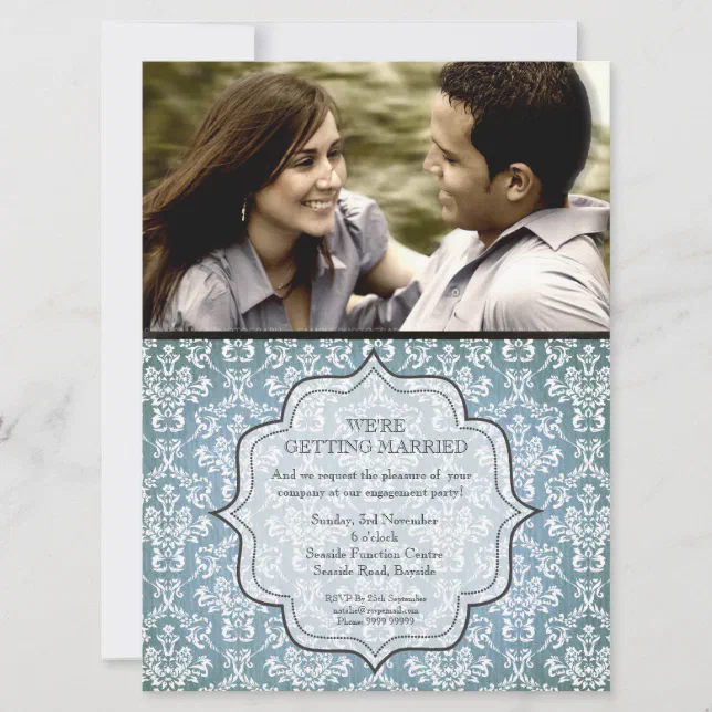Engagement Party Blue Grunge Damask Photo Invite | Zazzle