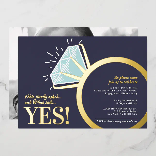 Engagement party diamond gold ring graphic photo foil invitation | Zazzle
