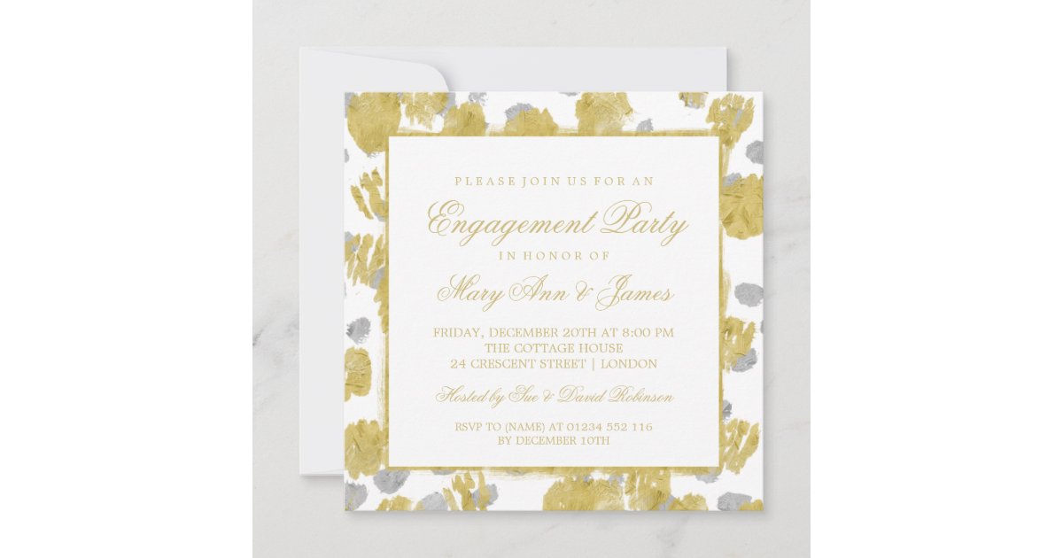 Engagement Party Gold & Silver Paint Strokes Invitation | Zazzle