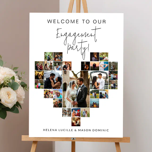 Engagement Party Heart Photo Collage Welcome Sign | Zazzle