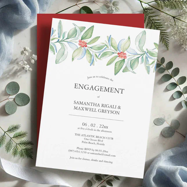 Engagement Party Invitations Christmas Greenery | Zazzle