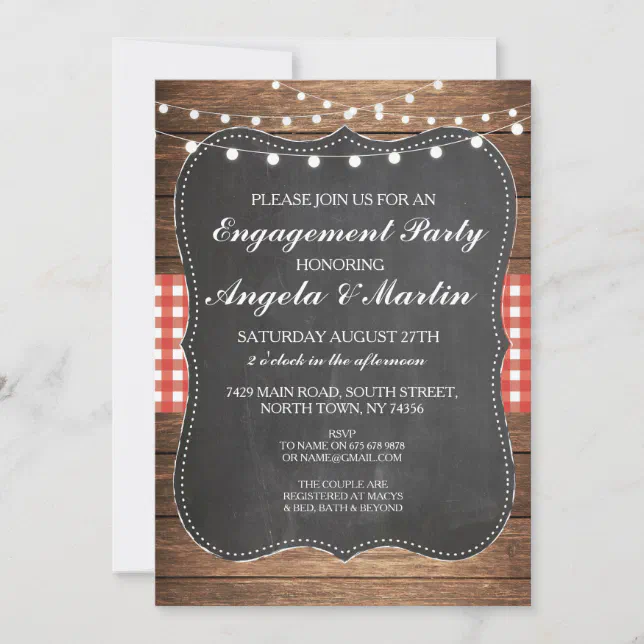 Engagement Party Lights Red Check Wood Invite | Zazzle