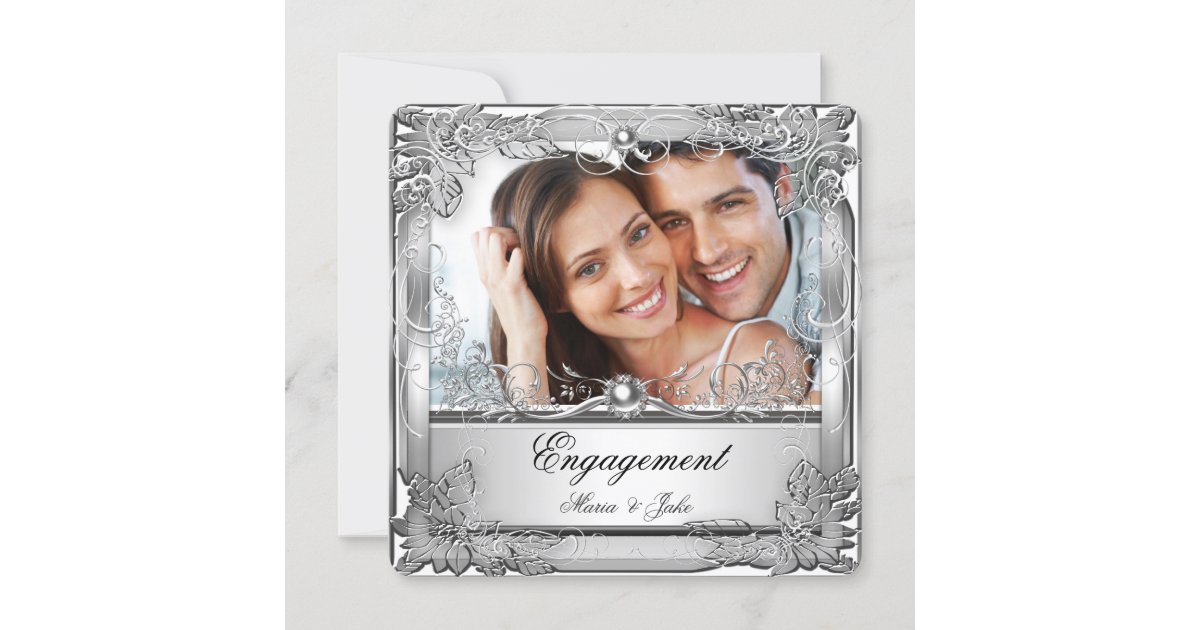 Engagement Party Metallic White Silver Photo Invitation | Zazzle