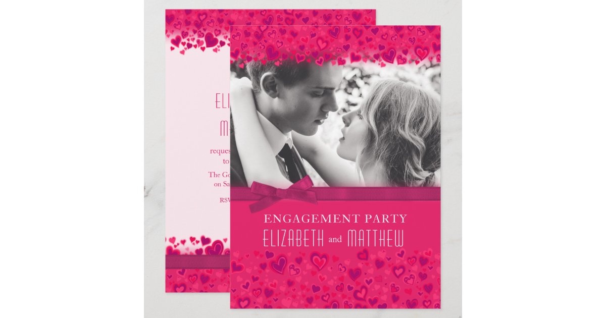 Engagement party pink hearts photo bow invitation | Zazzle