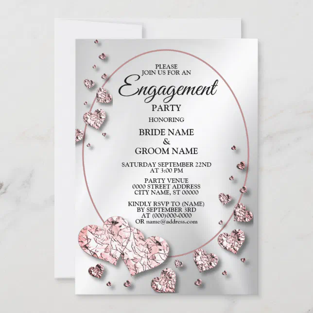 Engagement Party Pink Peach Shiny Hearts Geometric Invitation | Zazzle