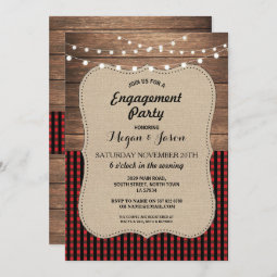 Engagement Party Rustic Wood Burlap Buffalo Check Invitation | Zazzle
