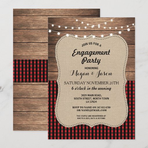 Engagement Party Rustic Wood Burlap Buffalo Check Invitation | Zazzle