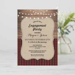 Engagement Party Rustic Wood Burlap Buffalo Check Invitation | Zazzle