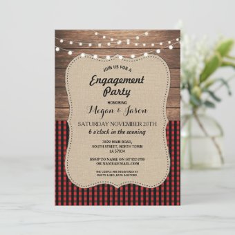 Engagement Party Rustic Wood Burlap Buffalo Check Invitation | Zazzle