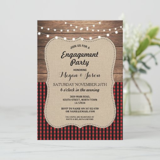 Engagement Party Rustic Wood Burlap Buffalo Check Invitation | Zazzle