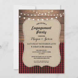 Engagement Party Rustic Wood Burlap Buffalo Check Invitation | Zazzle