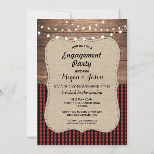 Engagement Party Rustic Wood Burlap Buffalo Check Invitation | Zazzle