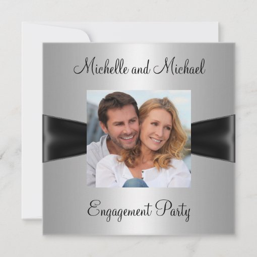 Engagement Party Silver Black Ribbon Photo Invitation | Zazzle
