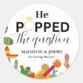 Engagement party sticker, he popped the question classic round sticker ...