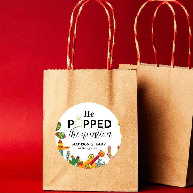 Engagement party sticker, he popped the question classic round sticker ...