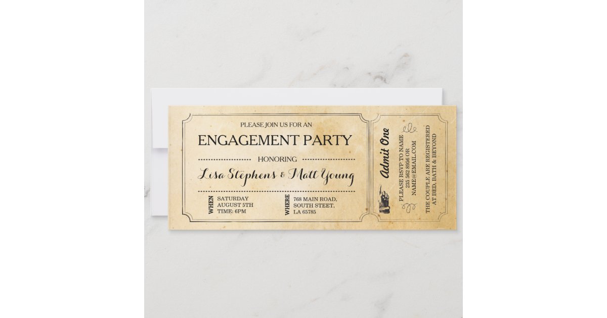 Engagement Party Ticket Couples Rustic Invite | Zazzle