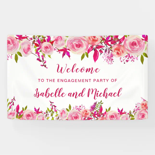 Engagement Party Welcome Pink Rose Berry Floral Banner | Zazzle