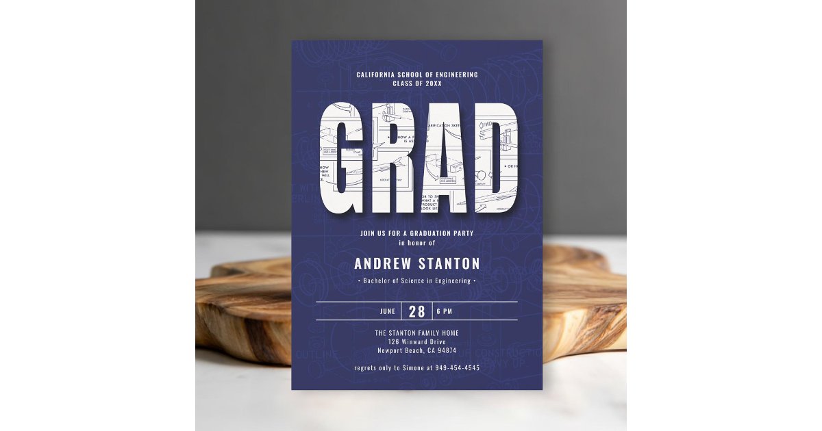 Engineering Graduation Engineer Blue White Party Invitation | Zazzle