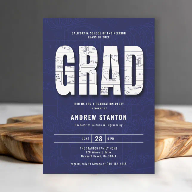 Engineering Graduation Engineer Blue White Party Invitation | Zazzle