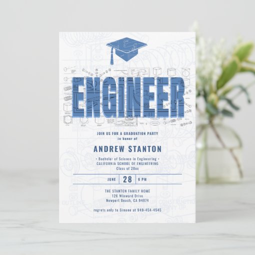 Engineering Graduation Engineer Cap White Party Invitation | Zazzle