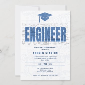 Engineering Graduation Engineer Cap White Party Invitation | Zazzle