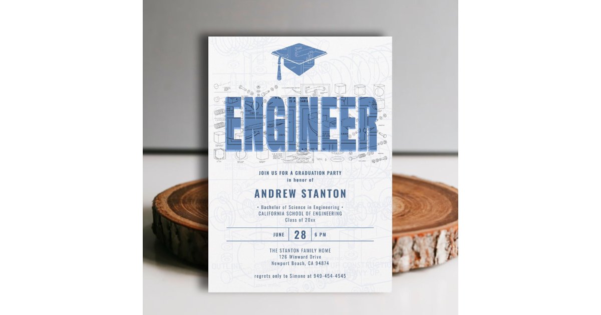 Engineering Graduation Engineer Cap White Party Invitation | Zazzle