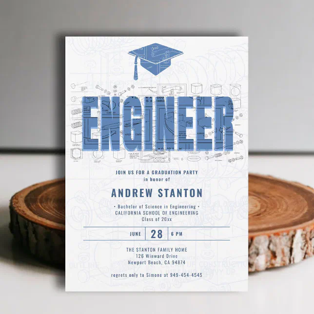 Engineering Graduation Engineer Cap White Party Invitation | Zazzle
