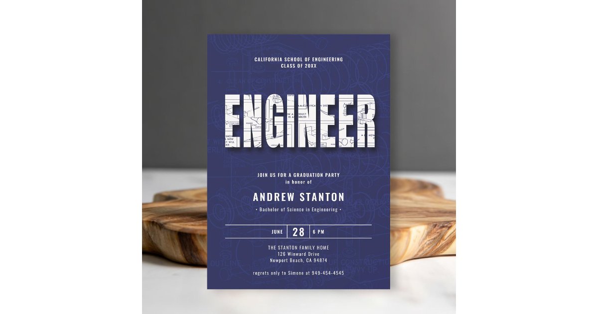 Engineering Graduation Engineer Navy White Party Invitation | Zazzle