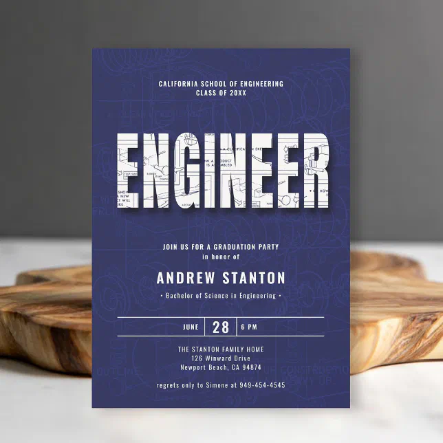 Engineering Graduation Engineer Navy White Party Invitation | Zazzle