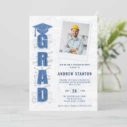 Engineering Graduation Engineer Photo Blue White Invitation | Zazzle