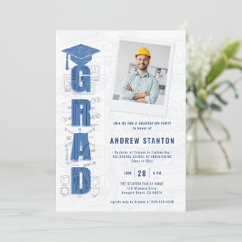 Engineering Graduation Engineer Photo Blue White Invitation | Zazzle