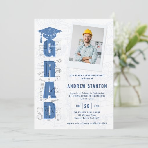 Engineering Graduation Engineer Photo Blue White Invitation | Zazzle