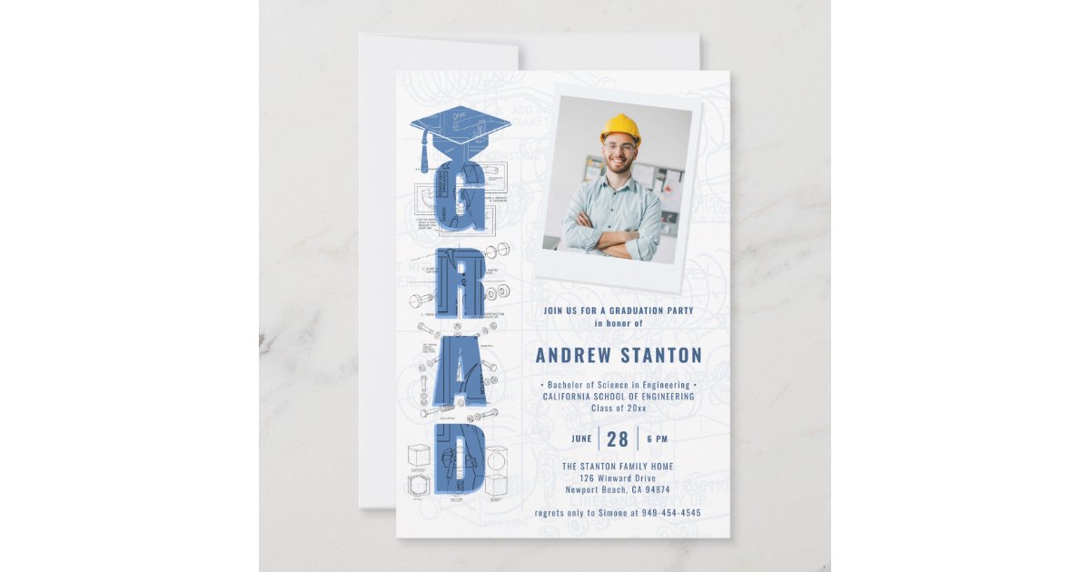 Engineering Graduation Engineer Photo Blue White Invitation | Zazzle