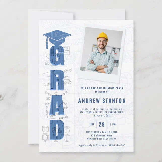 Engineering Graduation Engineer Photo Blue White Invitation | Zazzle