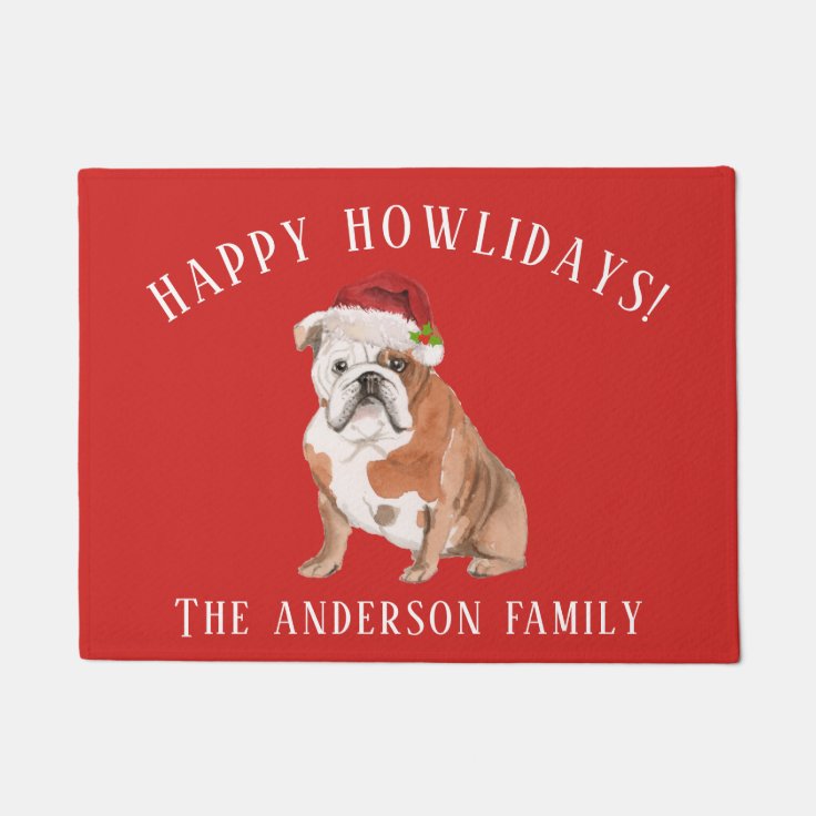 English Bulldog Dog Happy Howlidays Christmas Doormat | Zazzle