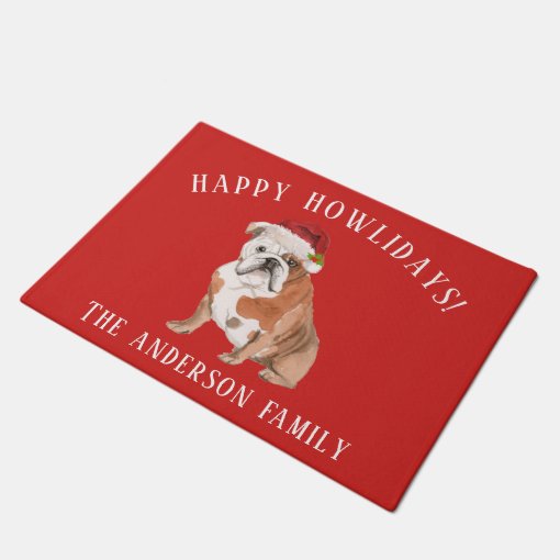 English Bulldog Dog Happy Howlidays Christmas Doormat | Zazzle