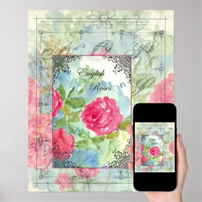 English Cabbage Roses Collage Watercolor Flowers Poster | Zazzle