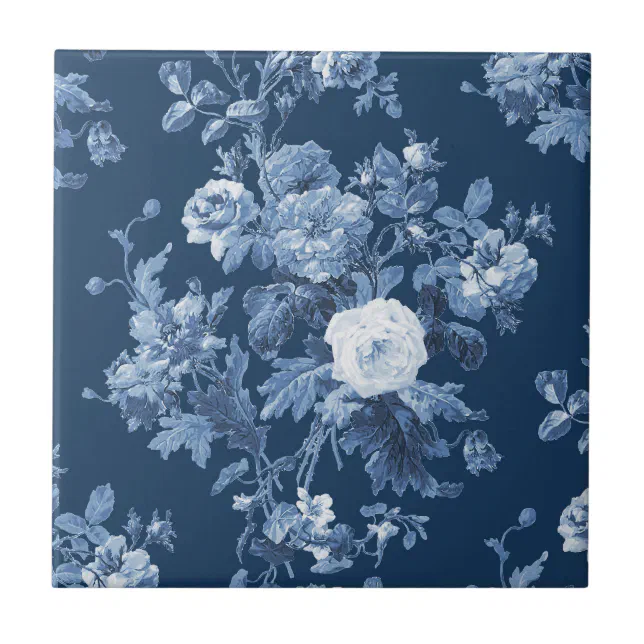 English Cottage Garden Floral Navy Blue Pattern Ceramic Tile | Zazzle