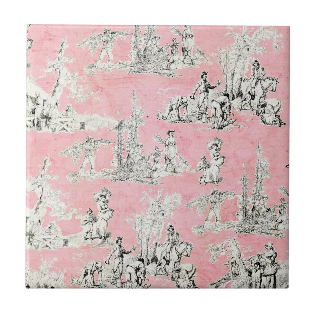 English Country Pink & Black Toile Tile | Zazzle
