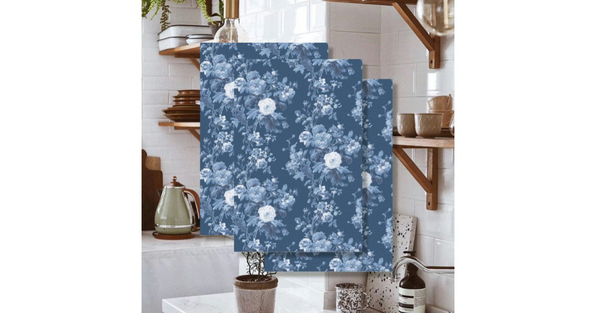 English Floral Toile Navy Blue White LG Decoupage Tissue Paper | Zazzle