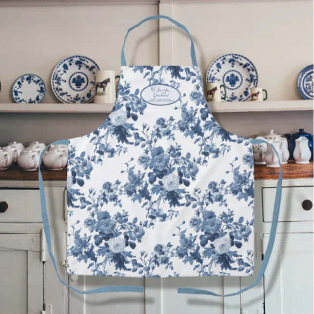 English Garden Floral Blue and White Grandmother Apron | Zazzle