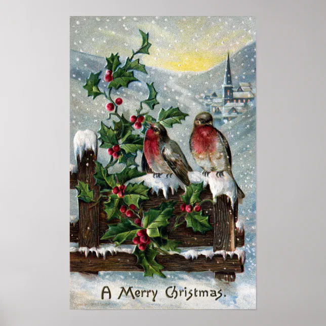 English Robins on a Fence Antique Christmas Poster | Zazzle