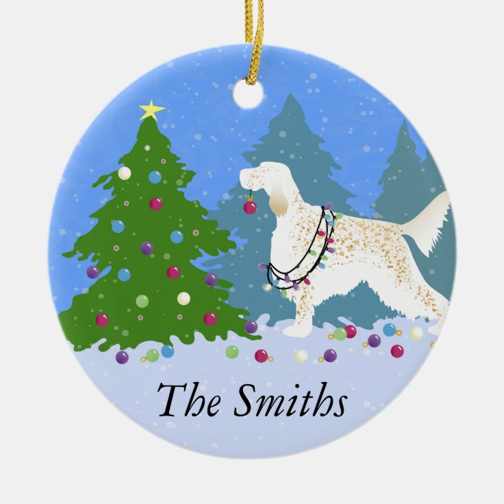 English Setter Decorating Tree in the Forest Ceramic Ornament | Zazzle