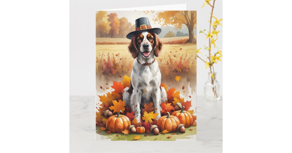 English Setter In Autumn Leaves Thanksgiving Art Card | Zazzle