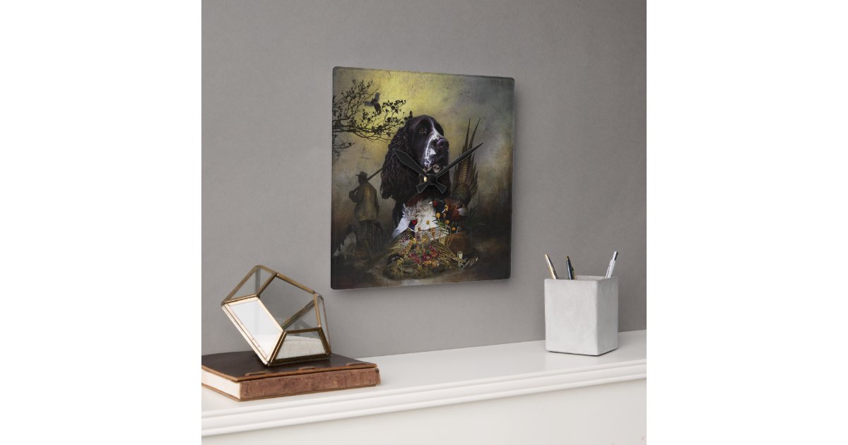 English Springer Spaniel with pheasant Square Wall Clock | Zazzle