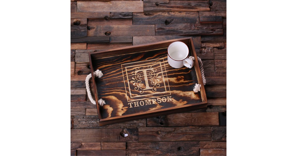 Engraved Decorative Monogram Wooden Serving Tray | Zazzle